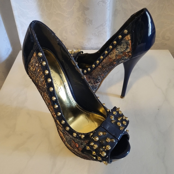 Shoes | Gold Fish Women Elegant Navy Peeptoe Heels With Studded Detail ...